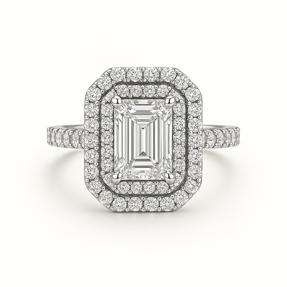 Daisy Double Halo Emerald Diamond Ring in 18K Gold or Platinum